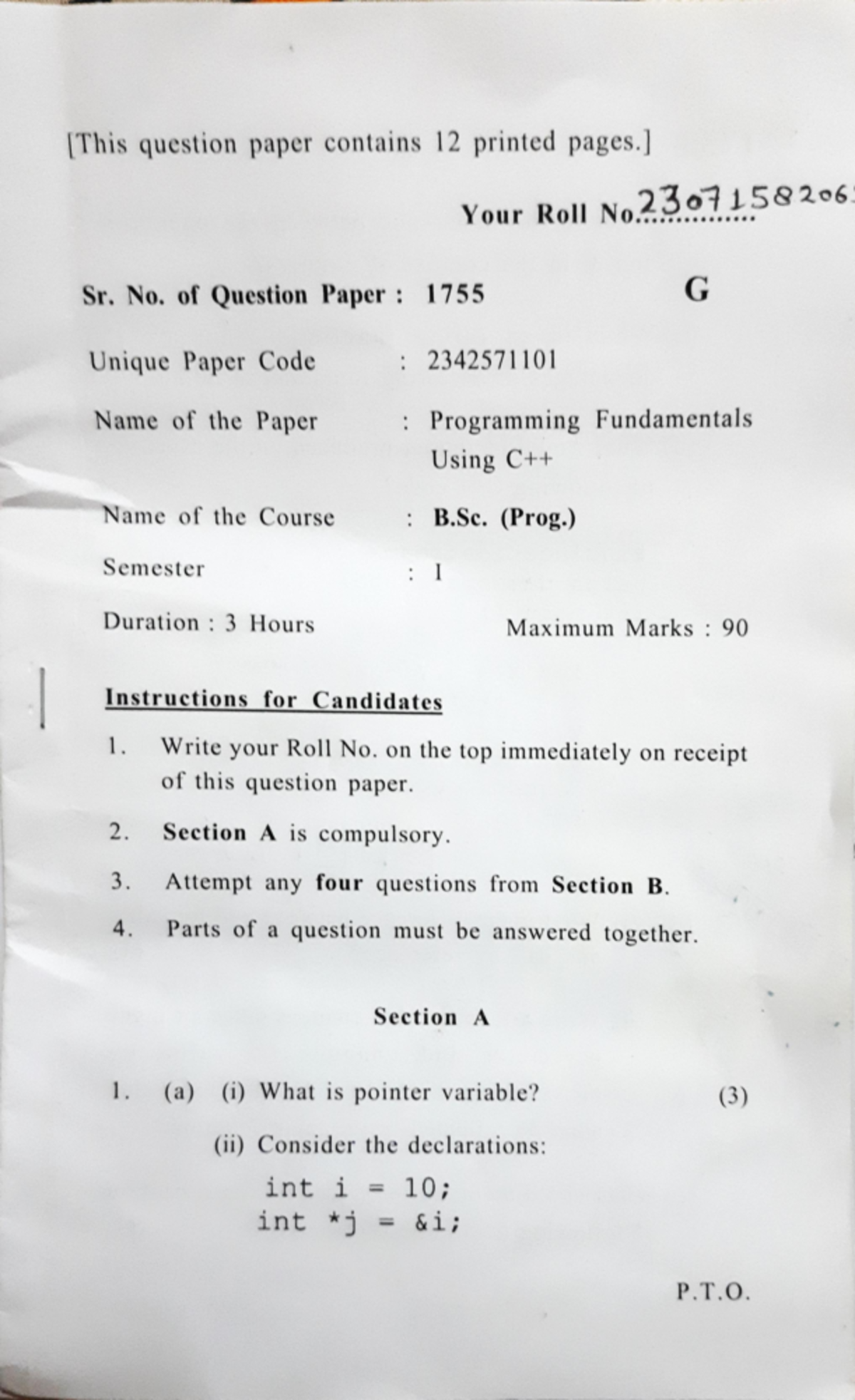 C++PYQs - It is for upcoming exam preparation - (This question paper ...