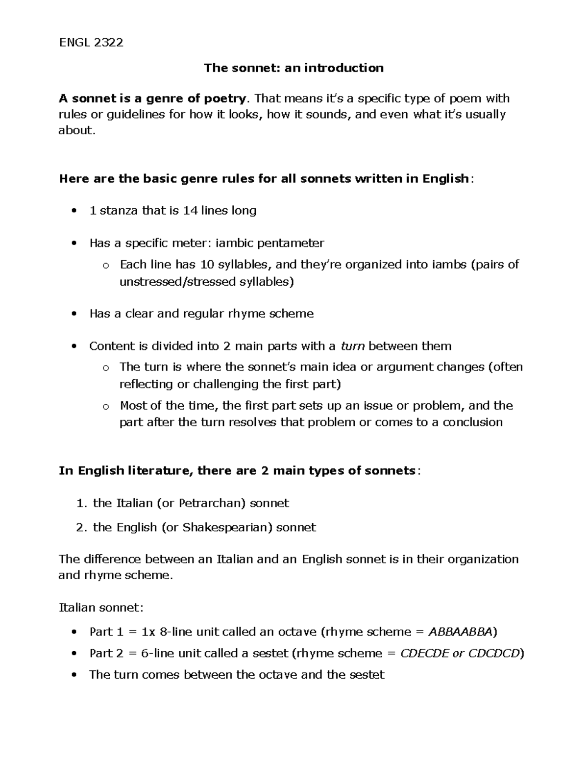 ENGL 2322 Final Exam Prep: Understanding Sonnets & Their Structure ...