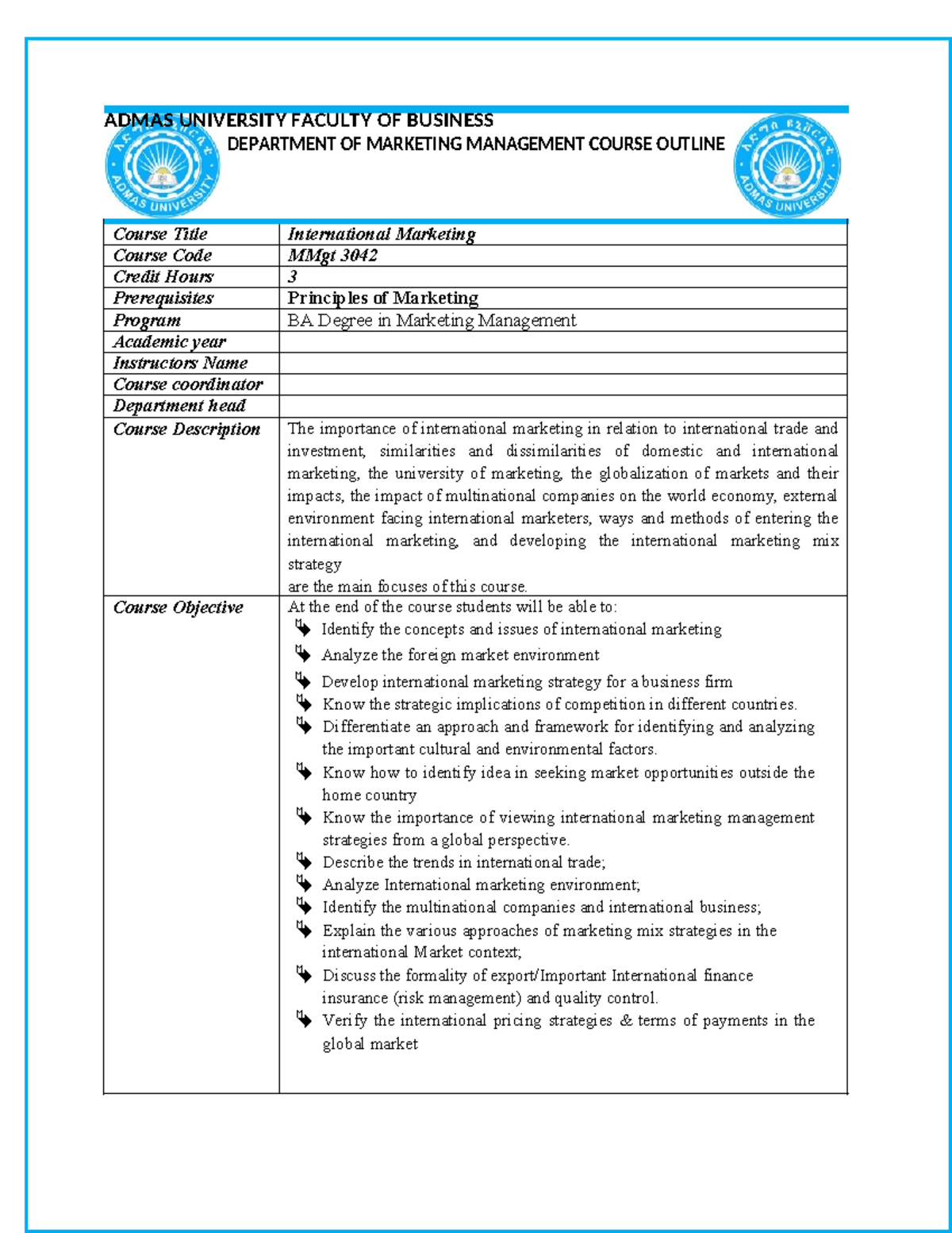 International Marketing Course Outline - MMgt 3042 - Studocu