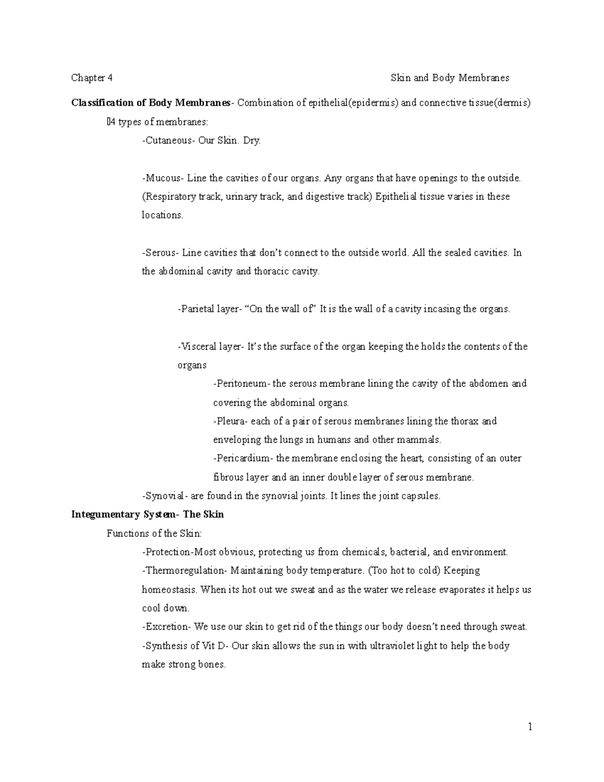 Lecture Notes BI121 Chapter 4: Skin and Body Membranes Overview - Studocu