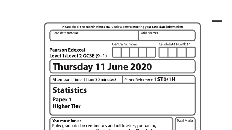 Edexcel GCSE Statistics 2020 Higher Tier Paper 1 Examination Details ...