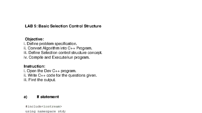 LAB 5: Basic Selection Control Structure Study Notes - Studocu
