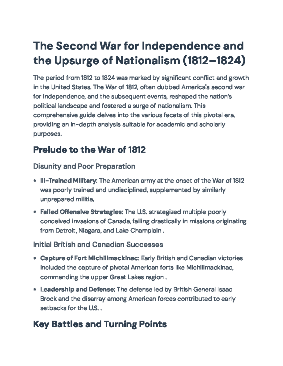 The Second War for Independence: Nationalism & Growth (1812-1824) - Studocu