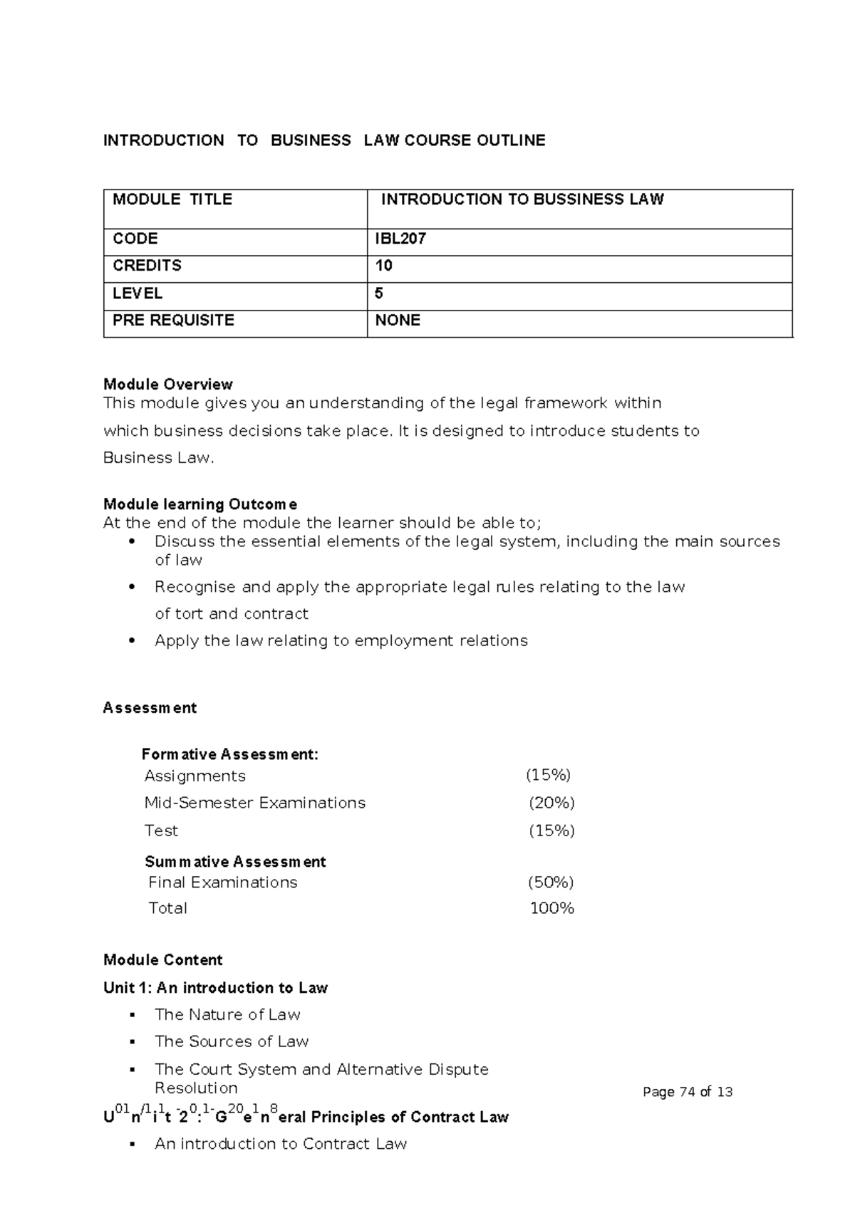 IBL207 Introduction to Business Law Course Outline - Studocu