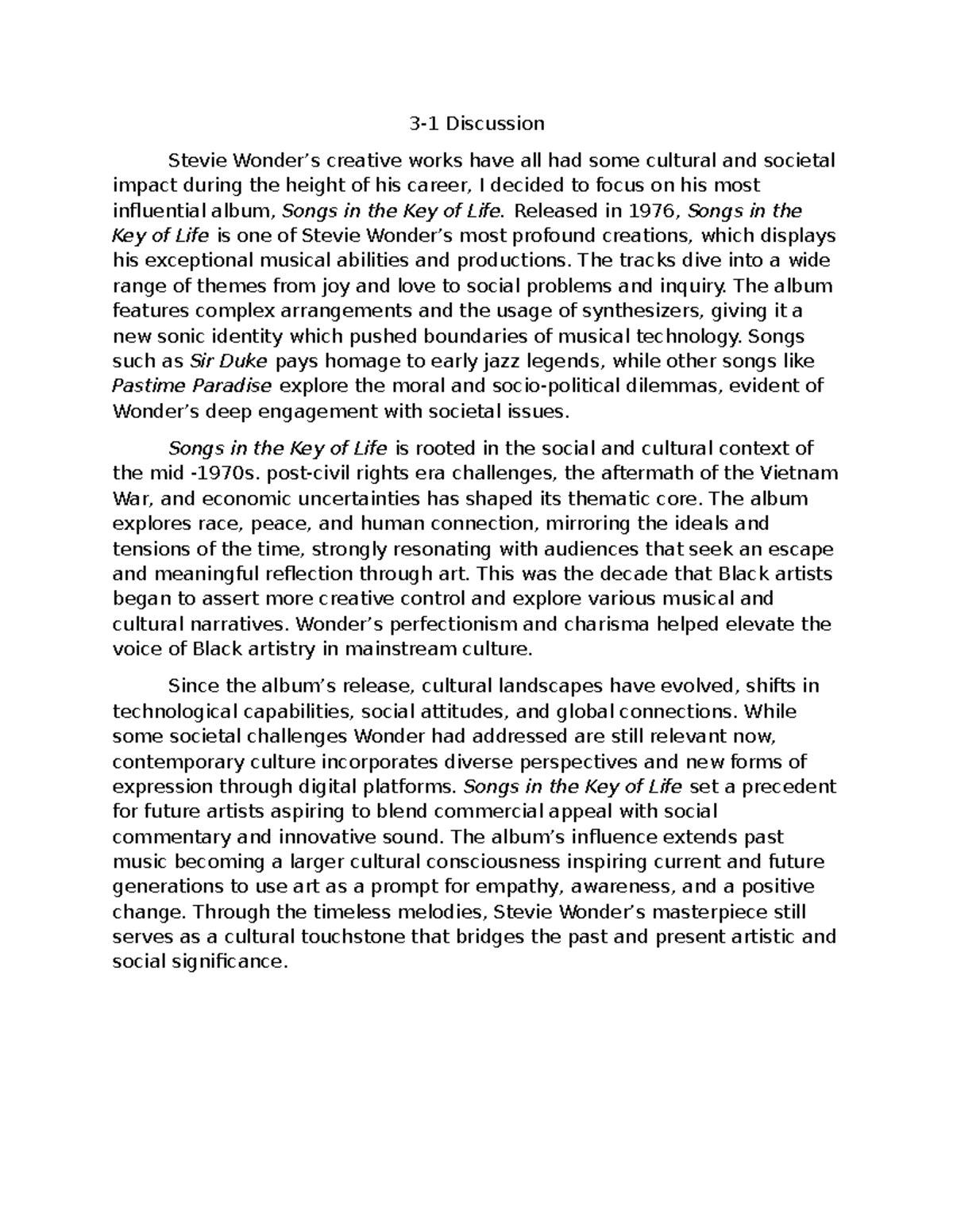 Discussion on Stevie Wonder's Cultural Impact: Songs in the Key of Life ...