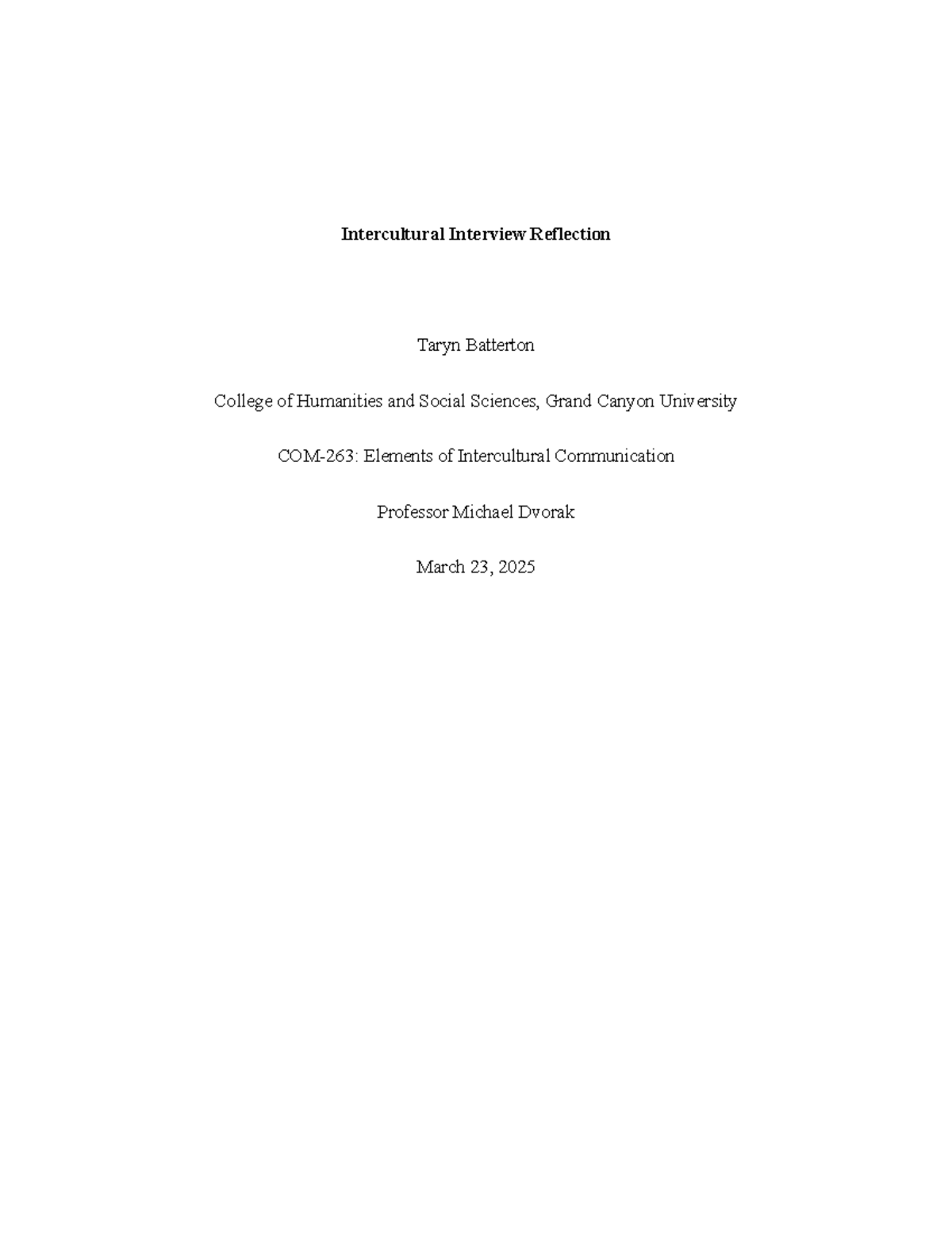 COM 263 Intercultural interview - Intercultural Interview Reflection ...