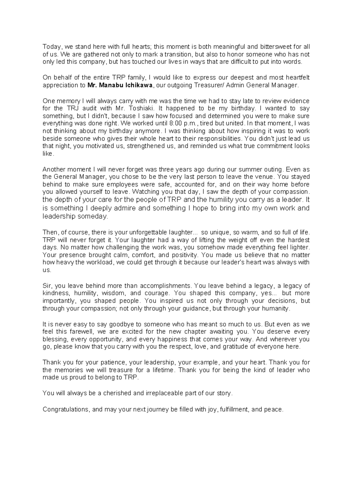 Farewell Speech for Mr. Ichikawa: A Tribute to Leadership - Studocu