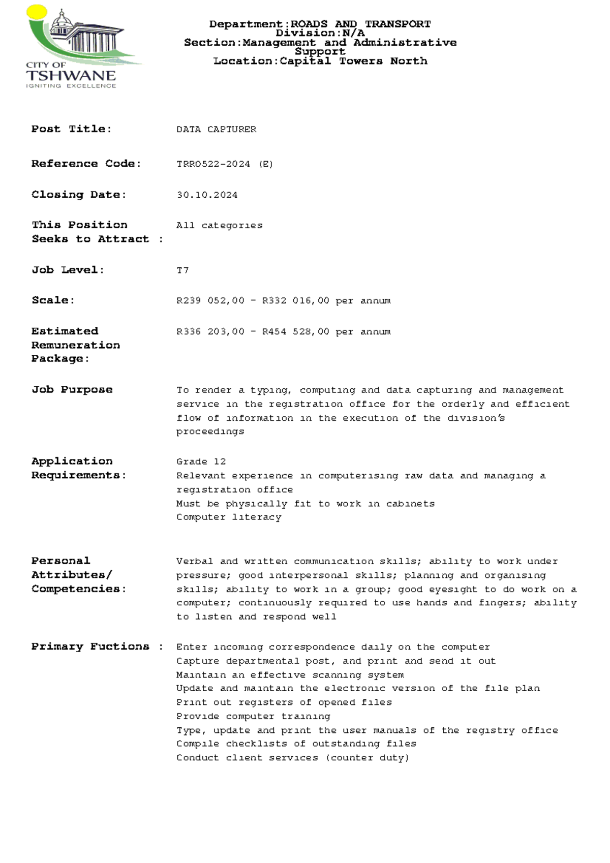 Job Description for DATA Capturer - TRRO522-2024 (E) - Studocu