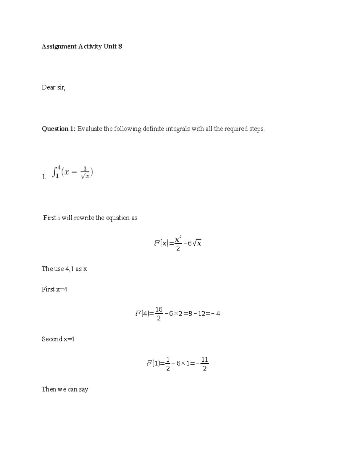 Assignment Activity Unit 8: Evaluating Definite Integrals - Studocu