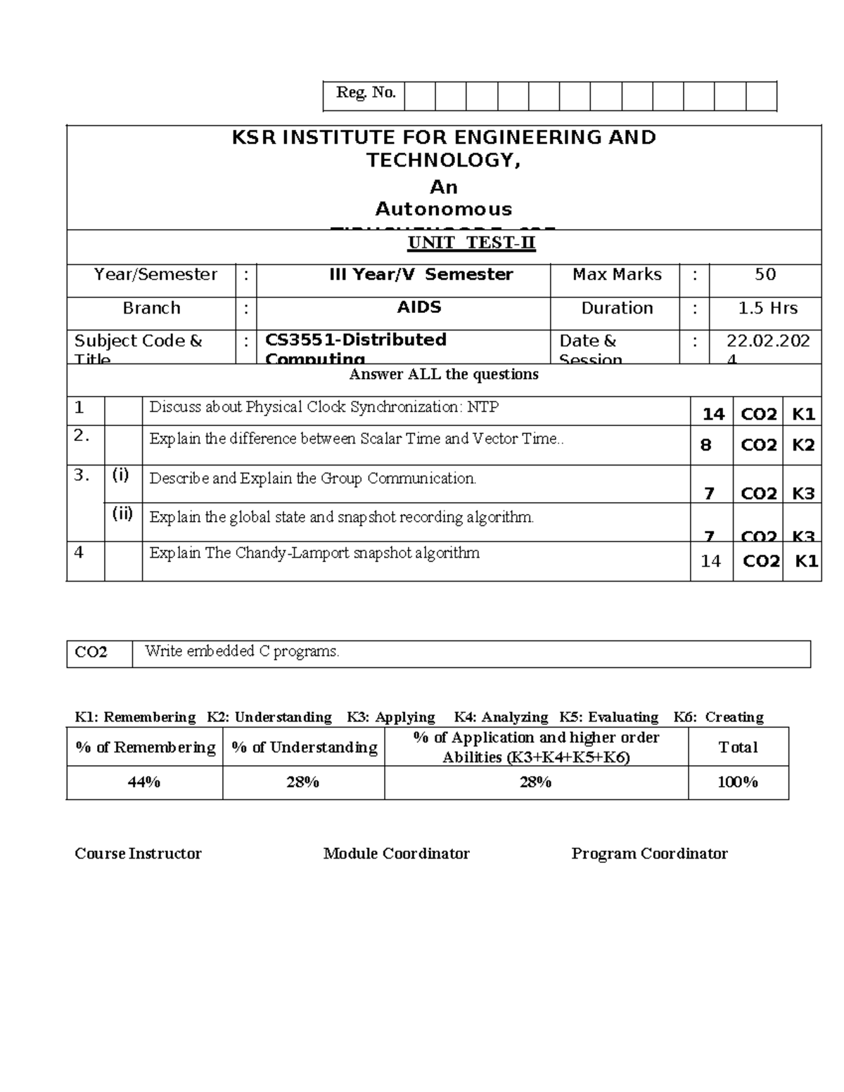 Unit II Test - CS3551: Distributed Computing Question Paper - Studocu
