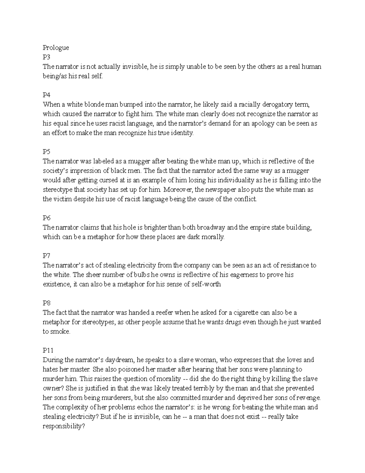 Invisible Man Prologue & Ch.1 Analysis - Prologue P The narrator is not ...