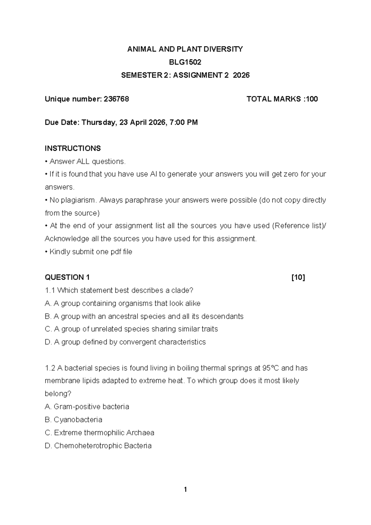 BLG1502 Assignment 2 S2 2026: Animal & Plant Diversity Insights - Studocu