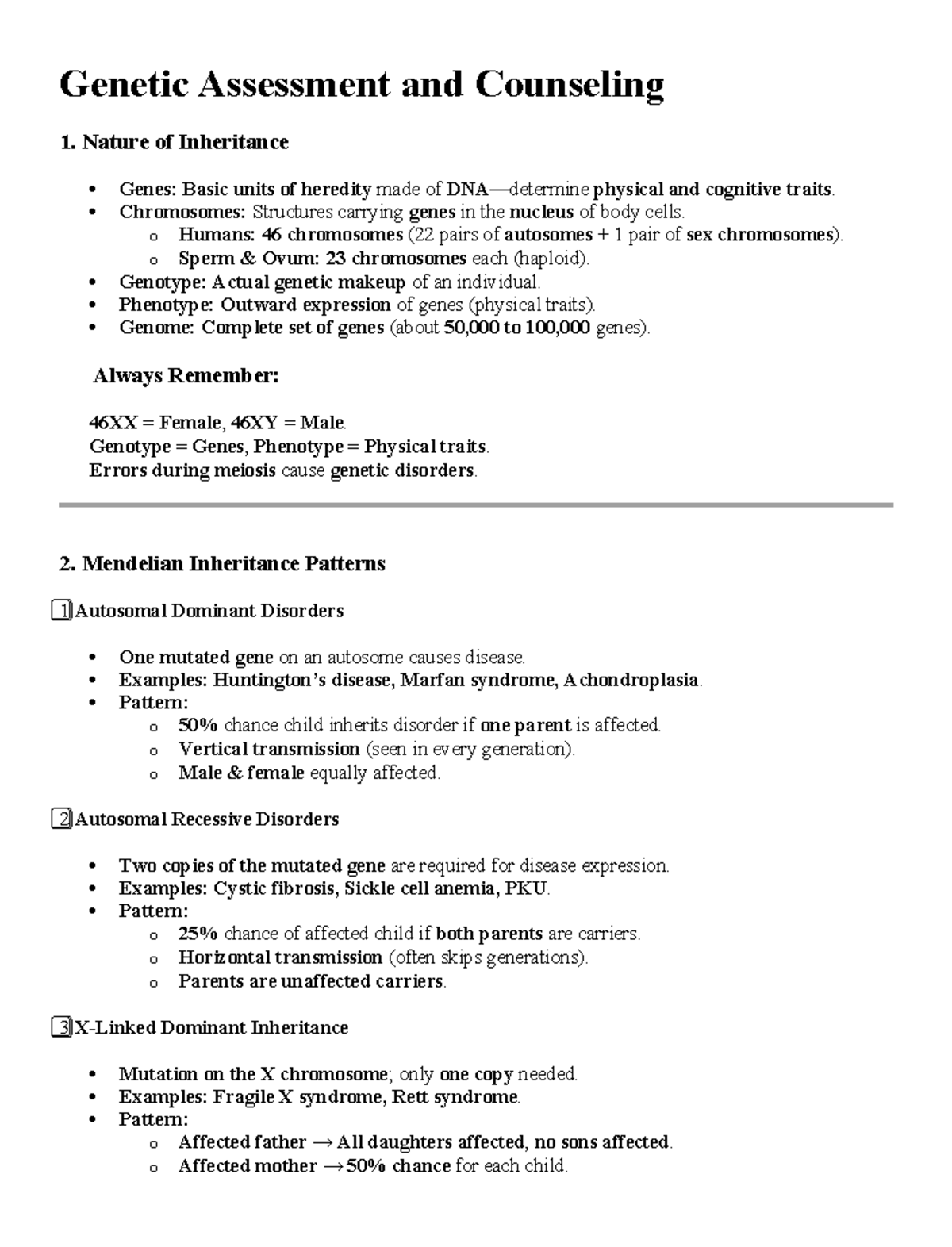 Genetic Assessment and Counseling - Nature of Inheritance Genes: Basic ...