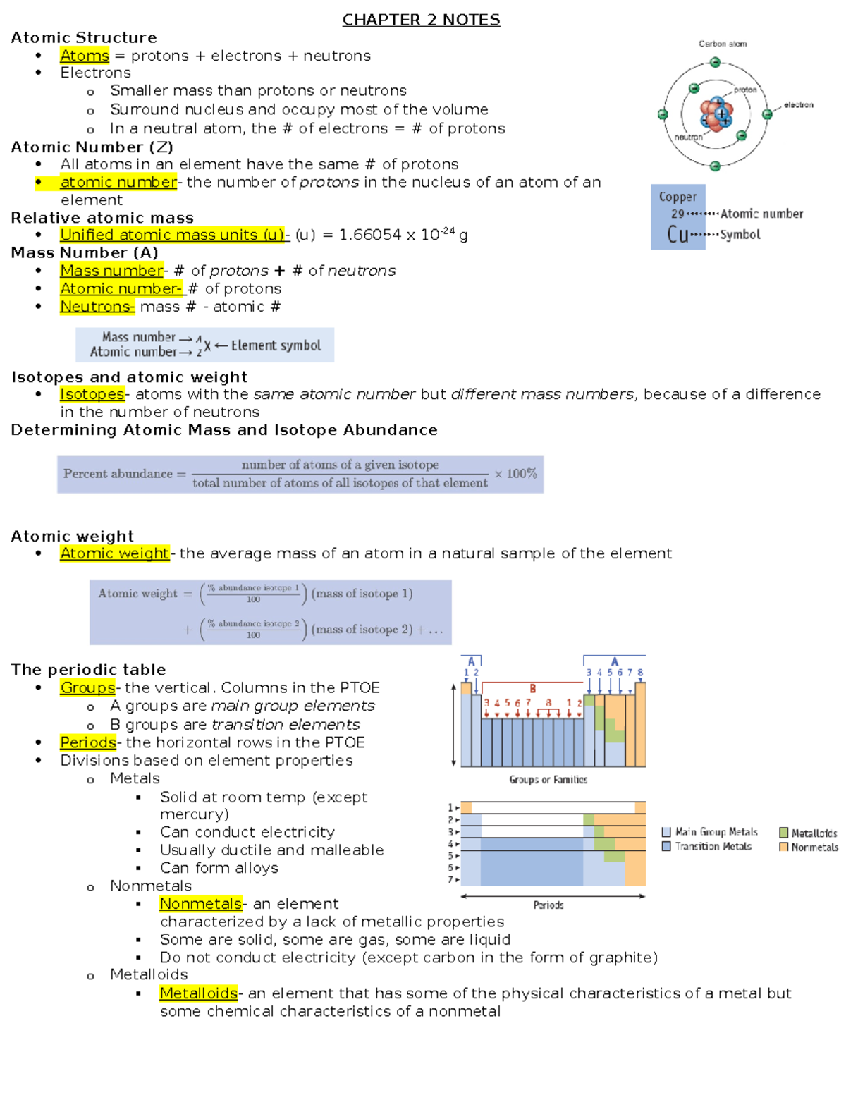Chemistry 101: Chapter 2 Atomic Structure & Periodic Table Notes - Studocu