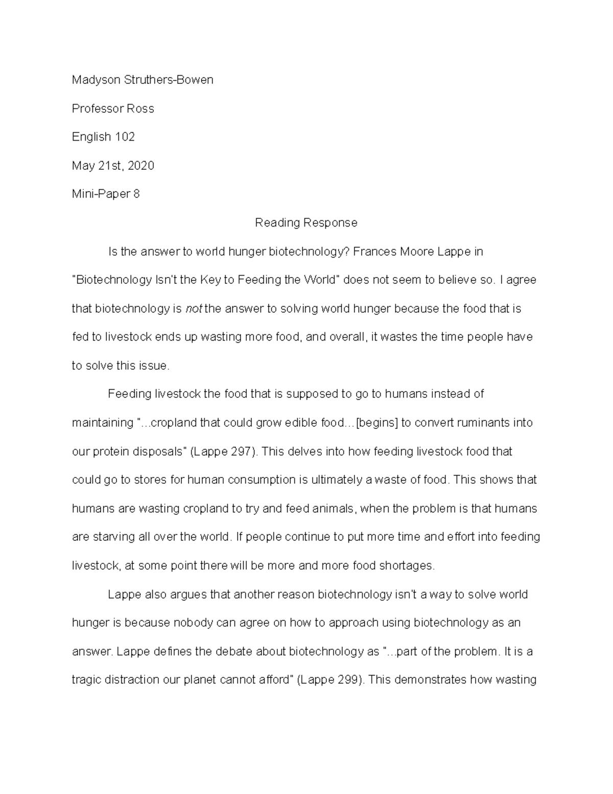 Reading Response to Lappe's View on World Hunger - Mini Paper 8 (ENG ...