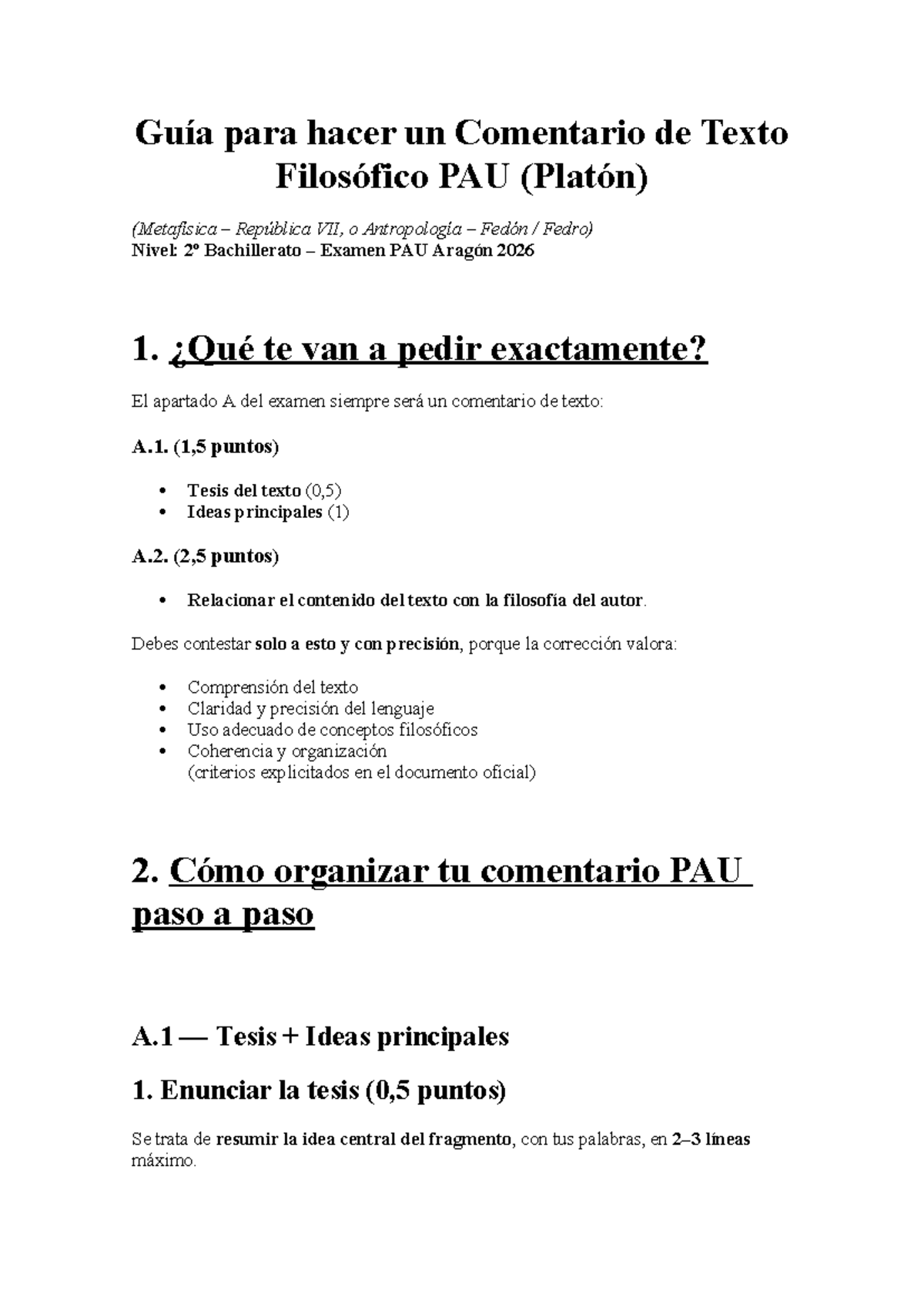 Guía para Comentario de Texto Filosófico PAU (Platón) 2º Bachillerato ...