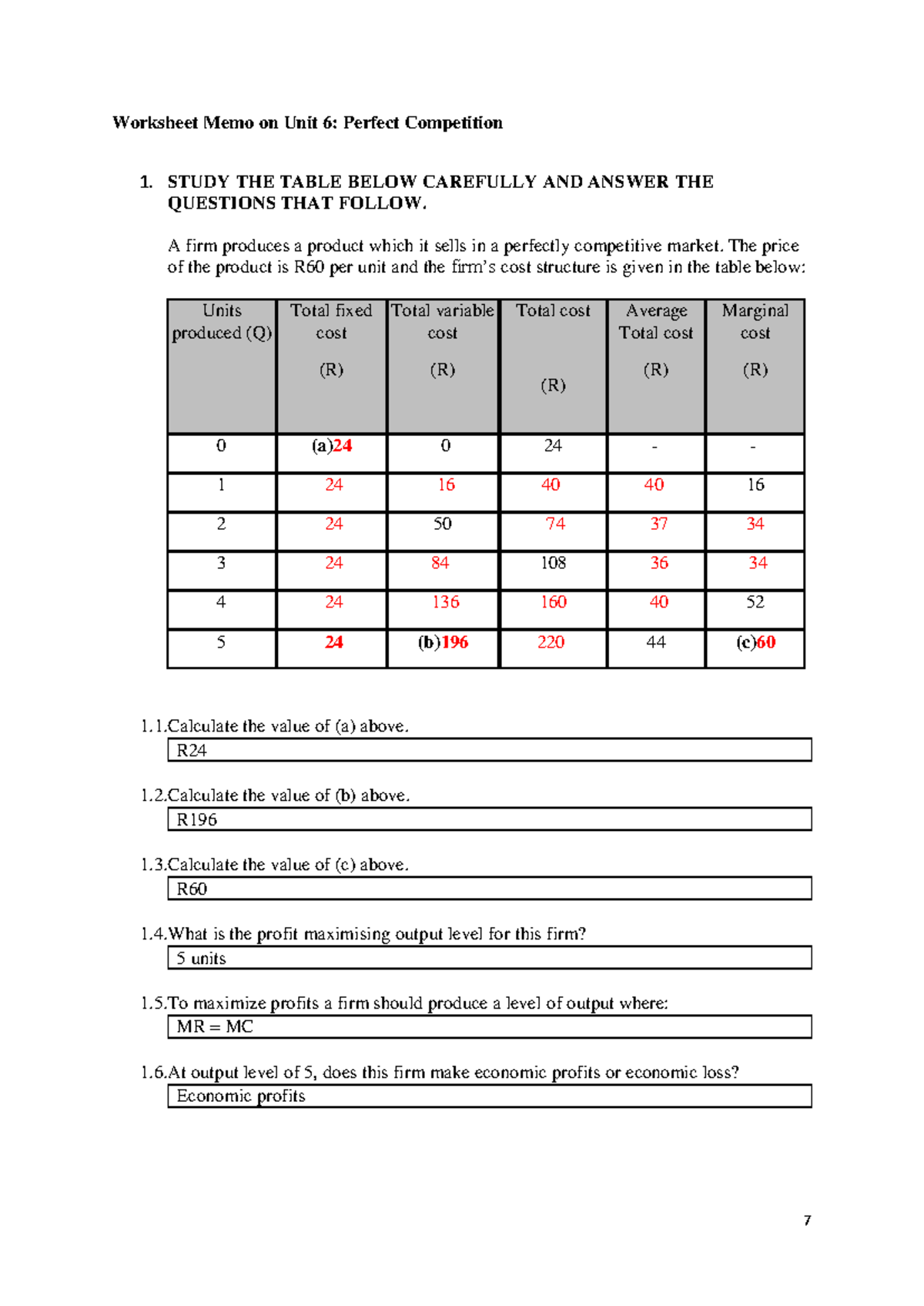 Economics Worksheet 6 - Worksheet Memo on Unit 6: Perfect Competition 1 ...