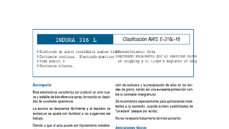 Electrodos AWS: Clasificación y Aplicaciones de Soldadura INDURA 316 L ...