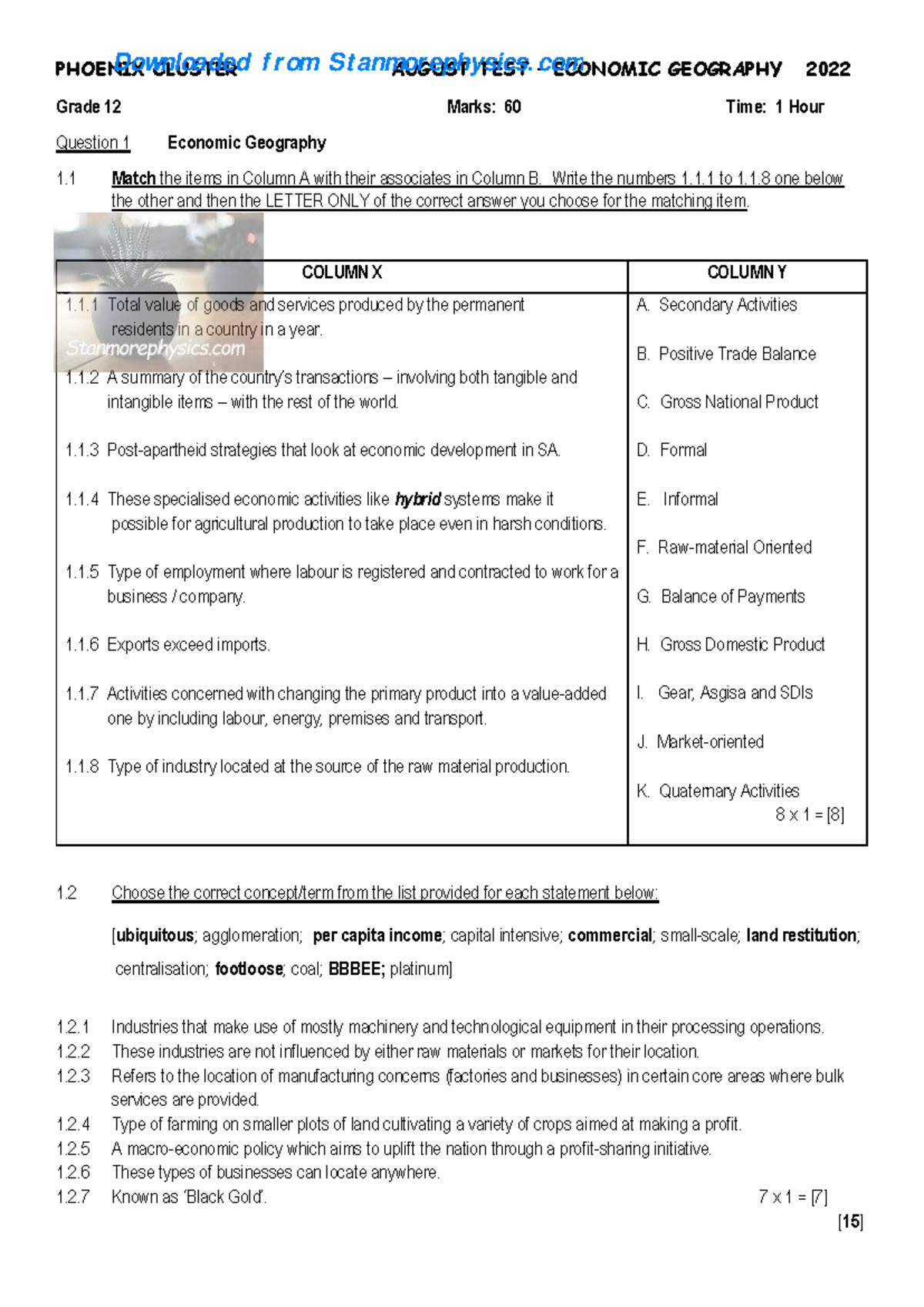 Grade 12 Economic Geography August 2022 Test – Phoenix Cluster - Studocu