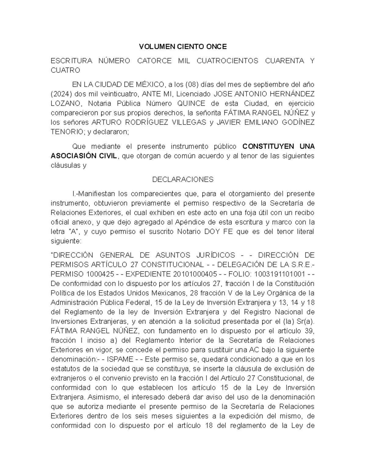 ACTA Constitutiva - VOLUMEN CIENTO ONCE ESCRITURA NÚMERO CATORCE MIL ...