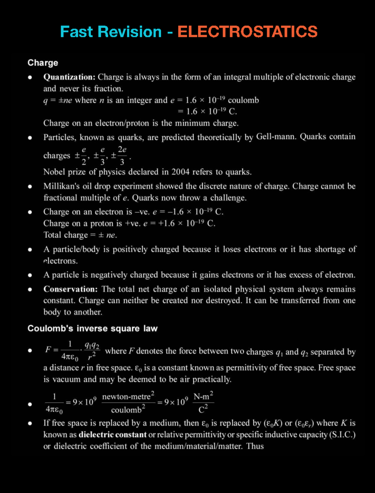 Fast Revision Kit: Electrostatics Concepts and Principles - Studocu