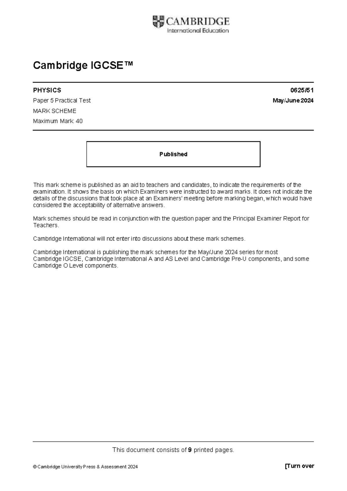 Cambridge IGCSE PHYSICS Paper 5 Practical Test 2024 Mark Scheme - Studocu