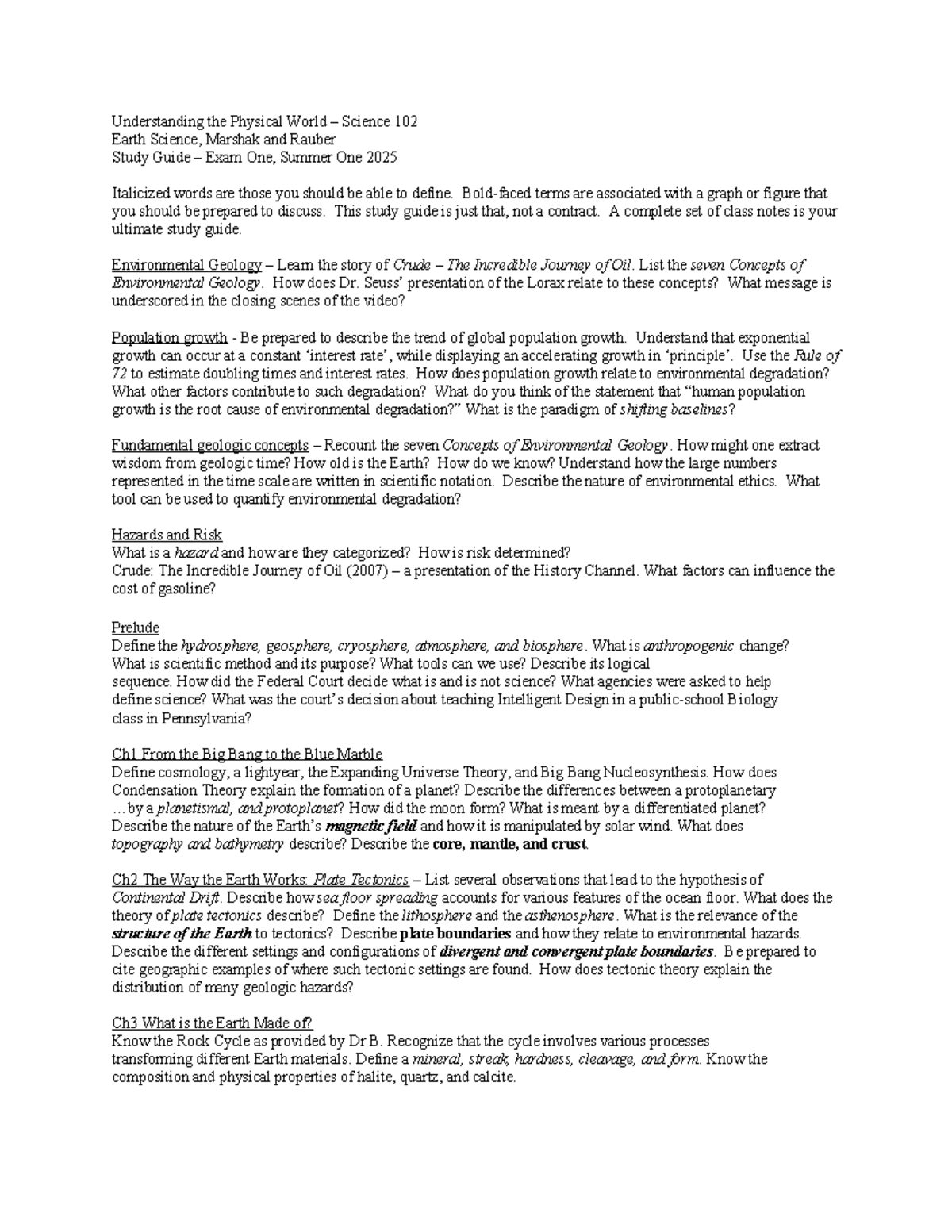 Environmental Geology Study Guide - Science 102 Exam 1, Summer 2025 ...