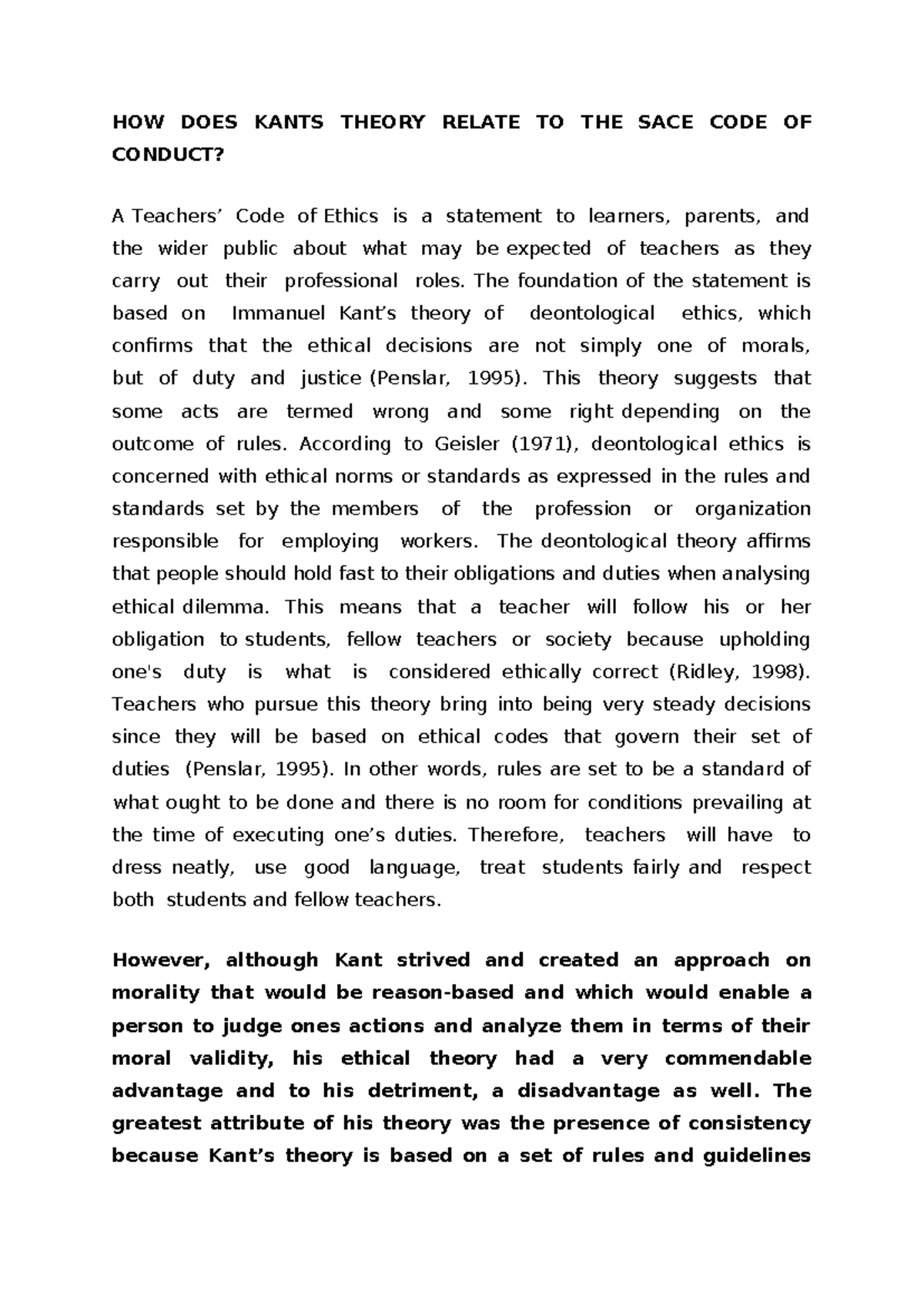 KANT'S DEONTOLOGICAL ETHICS & SACE CODE OF CONDUCT ANALYSIS - Studocu