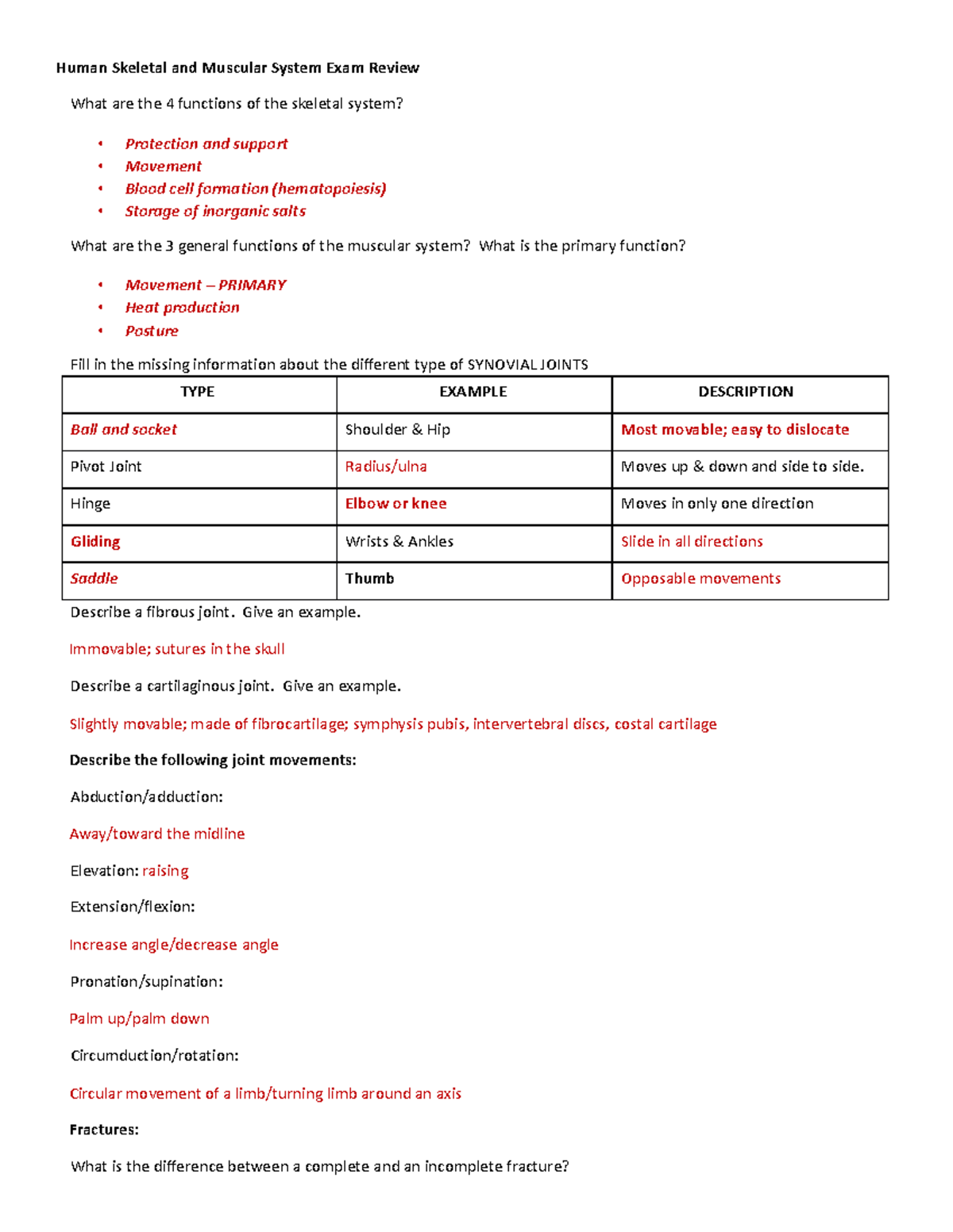 Skeletal and Muscular System Review Test answers - Human Skeletal and ...