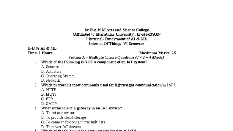 I Int IOT - Model Question Paper for AI ML VI Sem - Studocu
