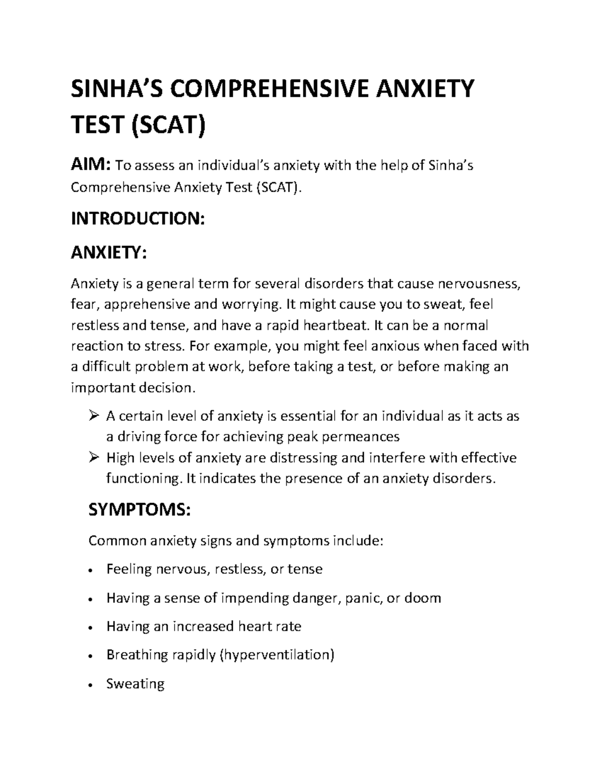 Comprehensive Anxiety Assessment Using Sinha’s SCAT Test - Studocu