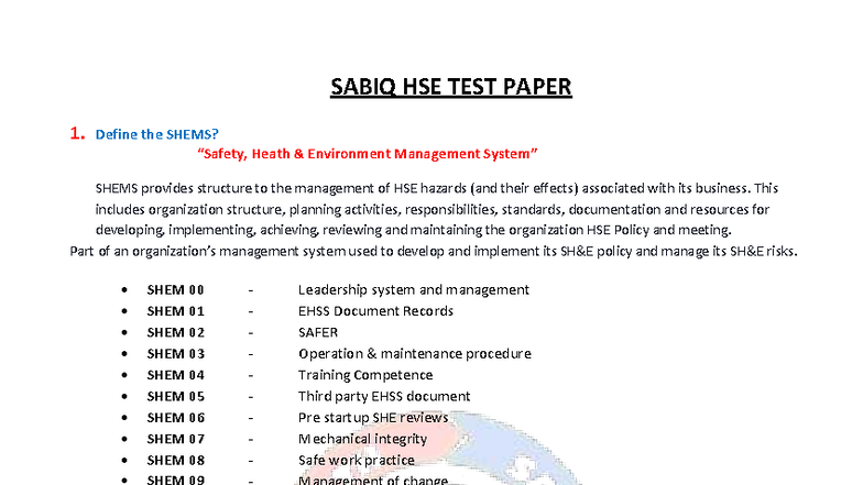 SABIC HSE TEST PAPER: Comprehensive Study Material on Safety Management ...