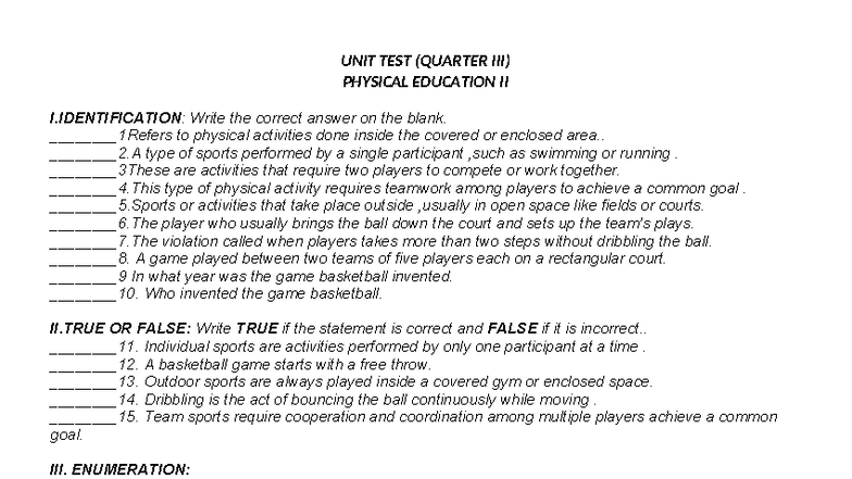 UNIT TEST Q3 P.E. 11 - PHYSICAL EDUCATION II IDENTIFICATION & TRUE ...
