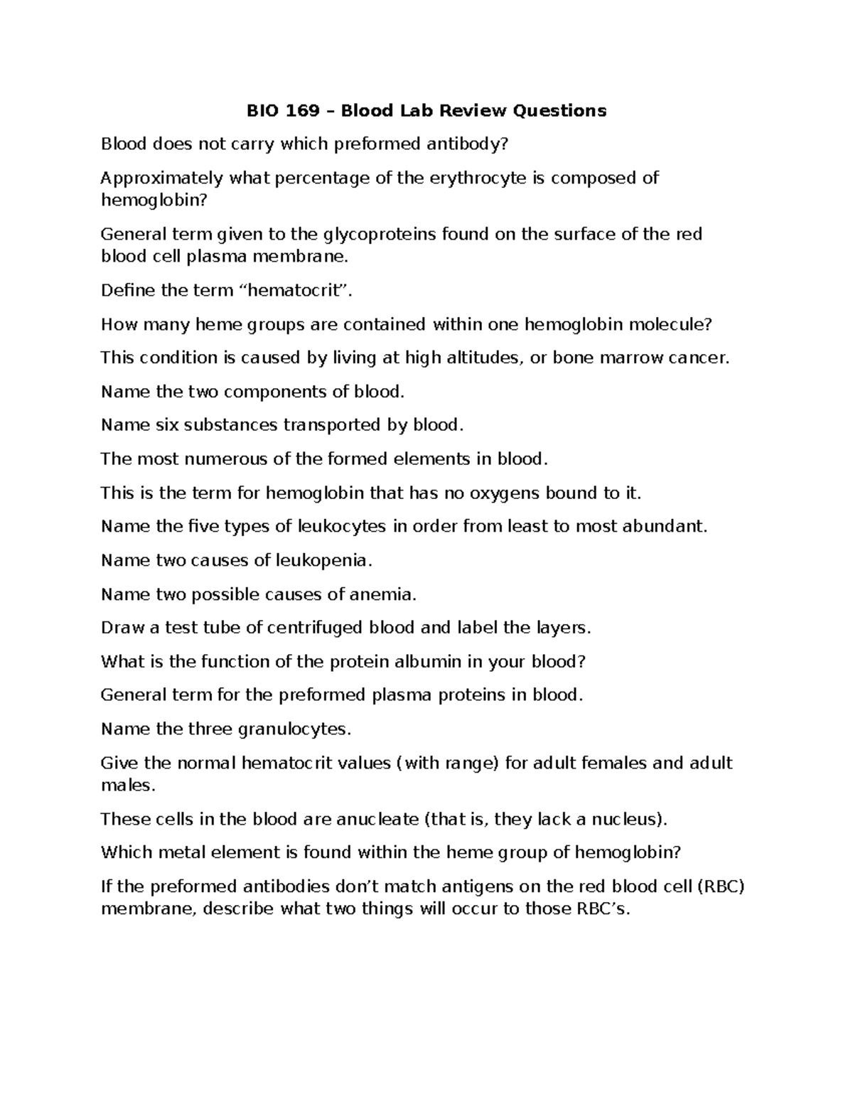 BIO 169 Blood Lab Review Questions: Key Concepts & Answers - Studocu