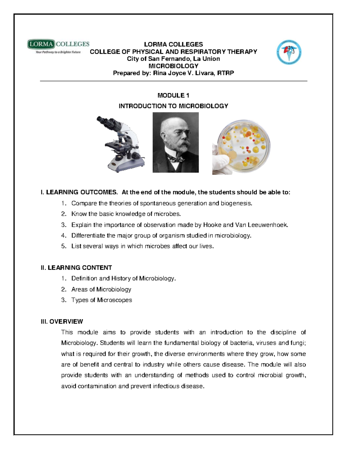 Microbiology Module 1: Introduction to Microbiology - Learning Outcomes ...