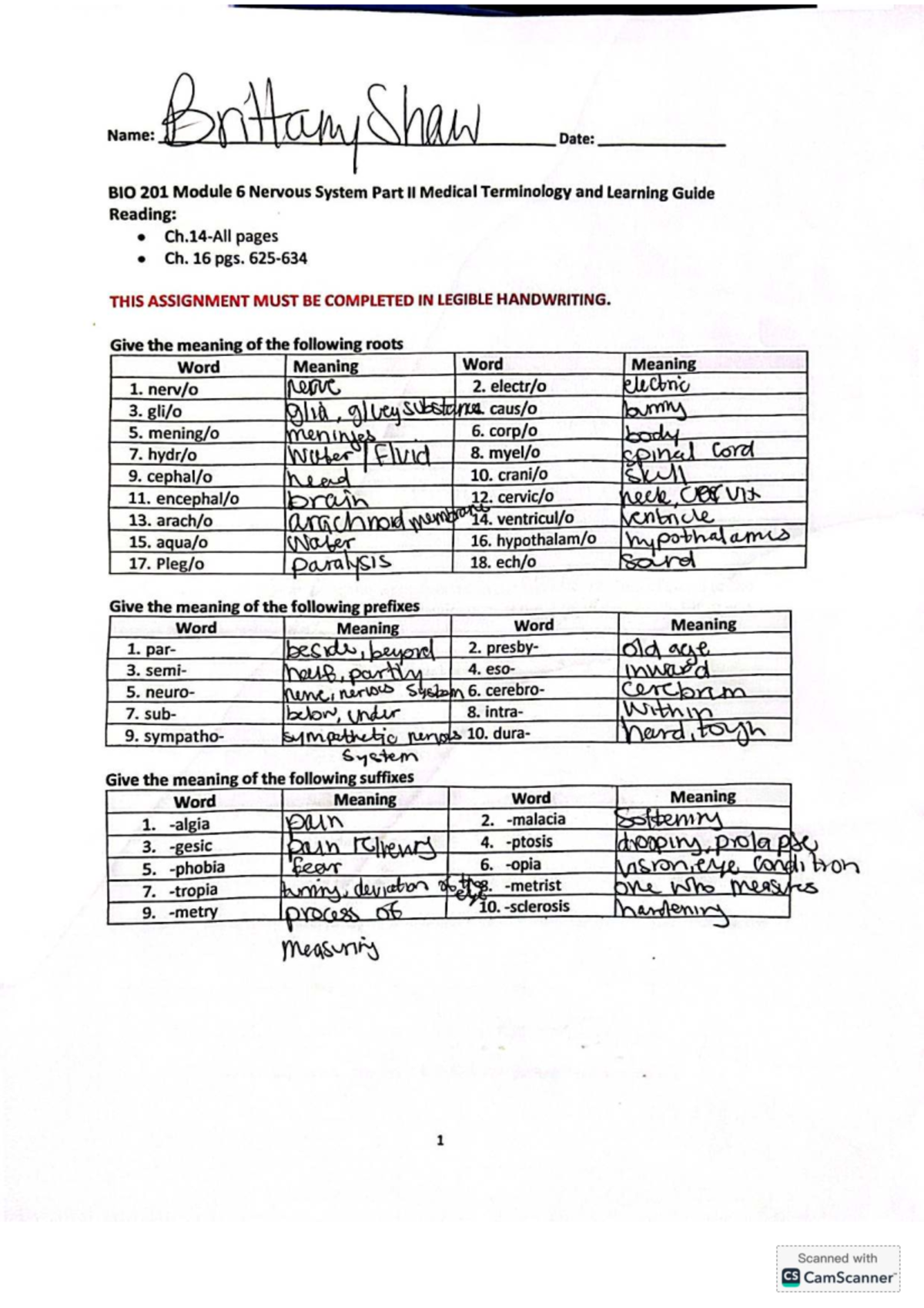 BIO 201 Module 6 Nervous System Part II: Medical Terminology Guide ...