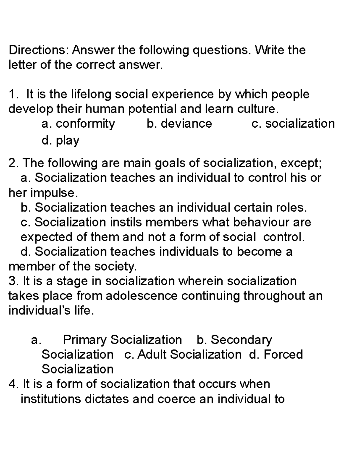 TEST in UCSP: Socialization, Conformity & Deviance Quiz Answers - Studocu