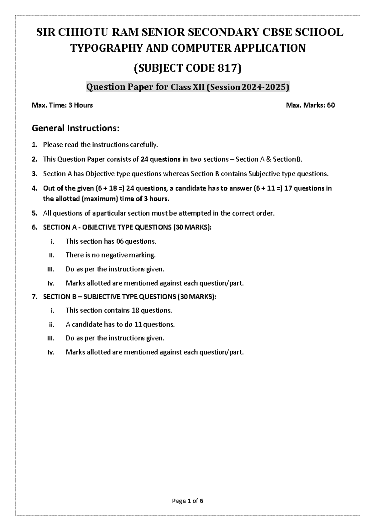 SIR CHHOTU RAM SCHOOL SUBJECT CODE 817 Class XII Typography QP - Studocu