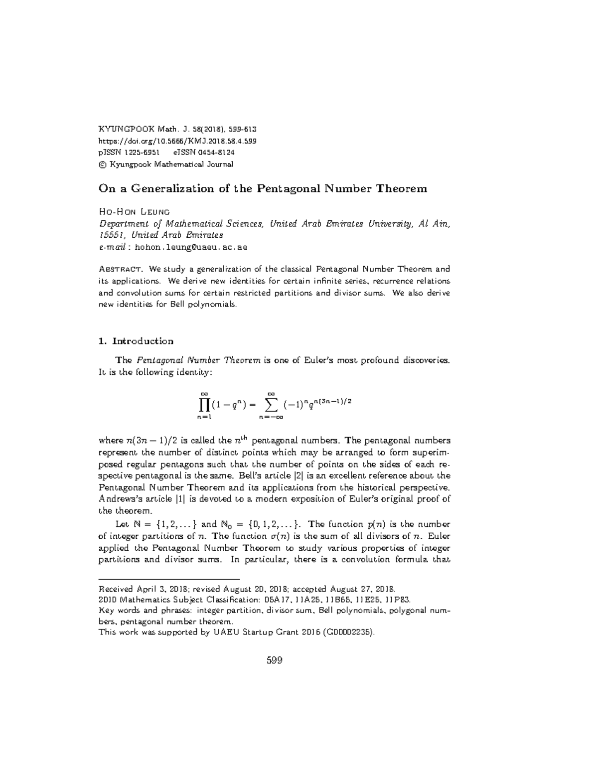 On a Generalization of the Pentagonal Number Theorem (KMJ-58-599) - Studocu
