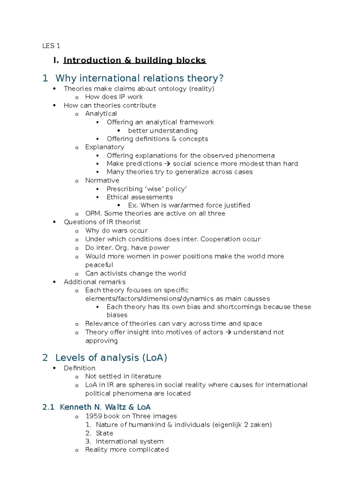 LES 1: Introduction to International Relations Theory and Levels of ...
