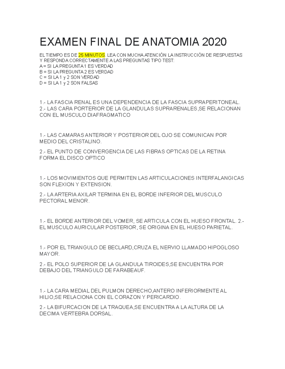 Prueba de Neuroanatomia primer año - EXAMEN FINAL DE ANATOMIA 2020 EL ...