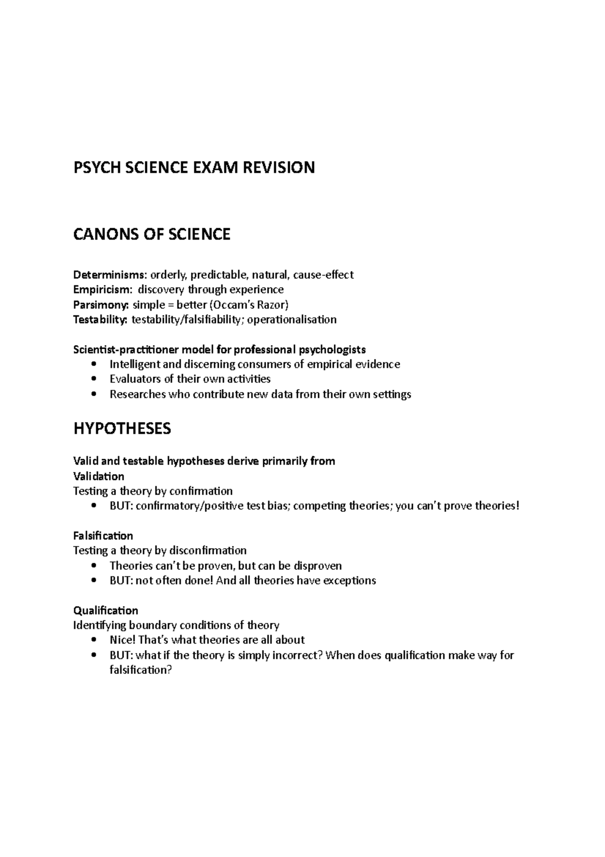 Psych Science Revision - PSYCH SCIENCE EXAM REVISION CANONS OF SCIENCE ...