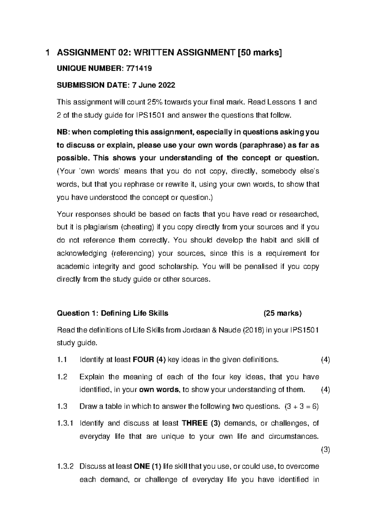 Assignment 02 - Life Skills in IPS1501: Understanding Concepts and ...