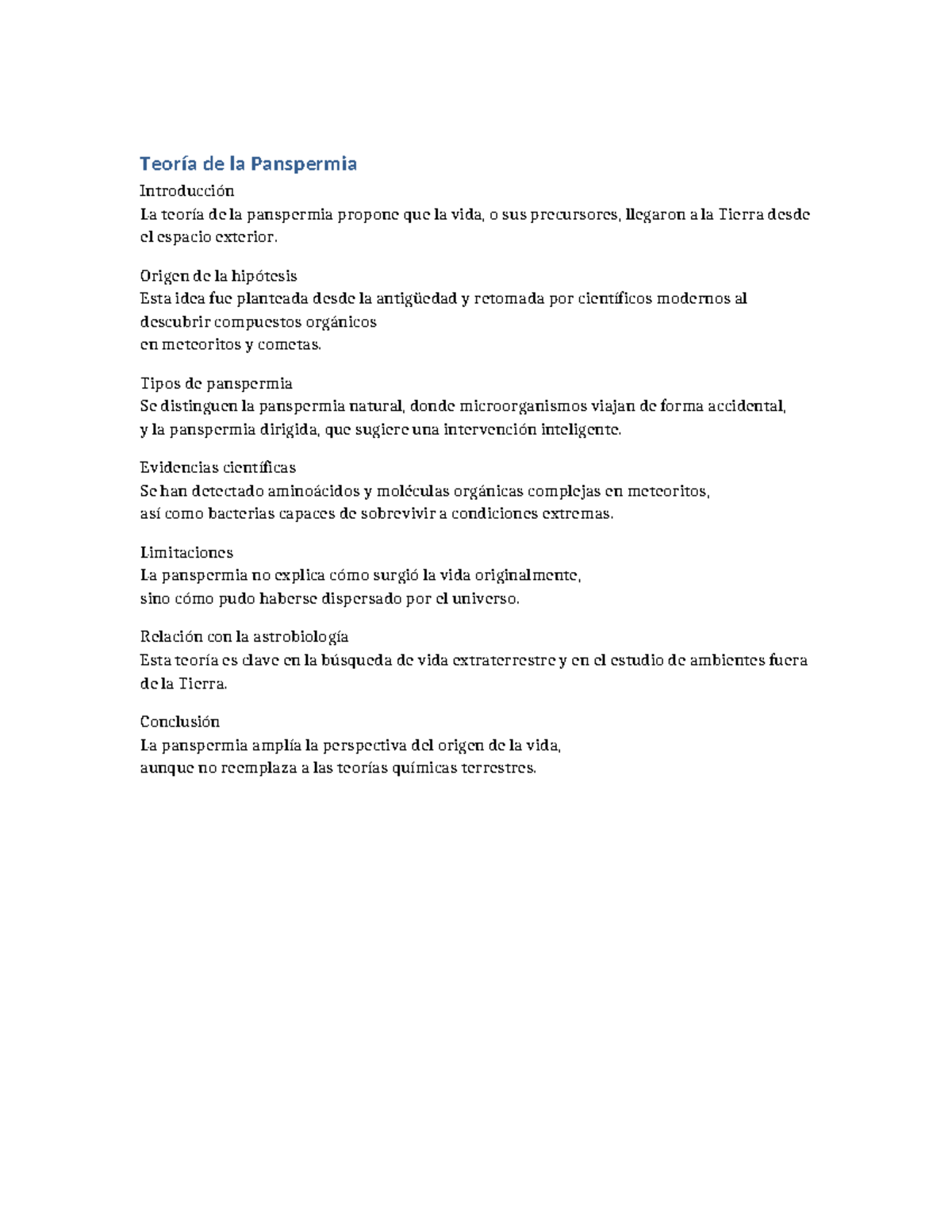 Informe de Biología: Teoría de la Panspermia y su Impacto - Studocu