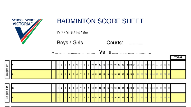 Badminton Score Sheet - BADMINTON SCORE SHEET Courts: A