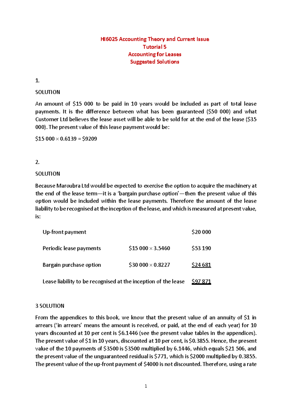 Solutions Tutorial 5 Accounting for Leases - HI6025 Accounting Theory ...