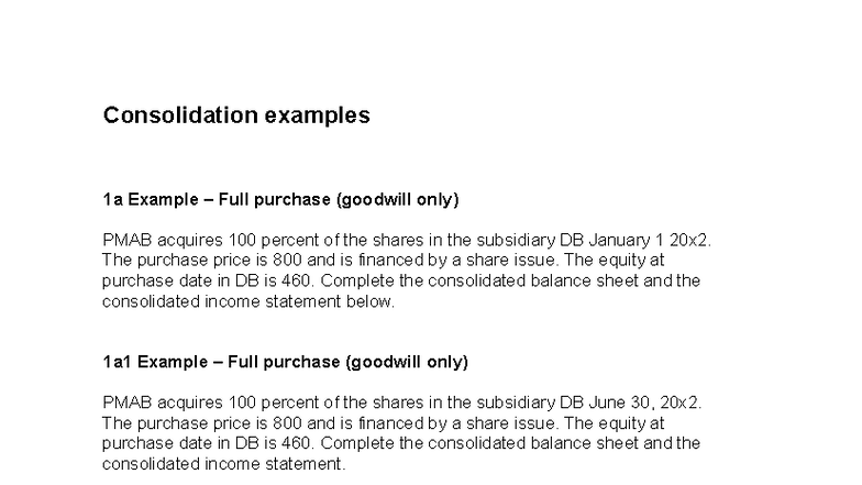 Consolidation Examples: Full Purchase Scenarios PMAB (ACCT 101) - Studocu
