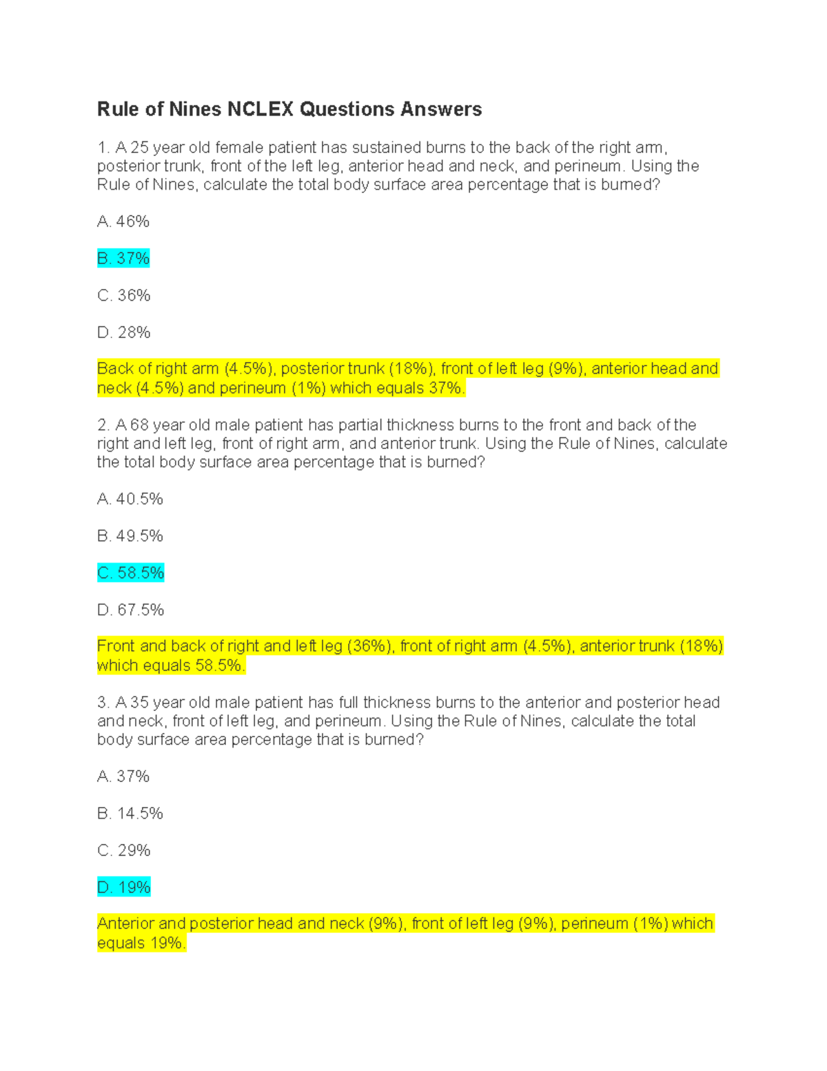 NCLEX Rule of Nines Practice Questions & Answers - Studocu