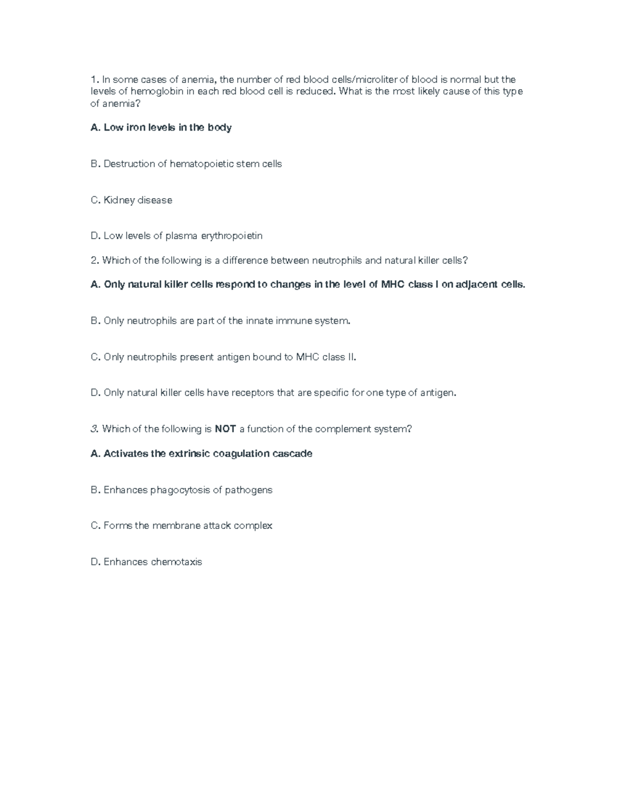 Answers for Quiz 4: Anemia and Immune System Concepts - Studocu