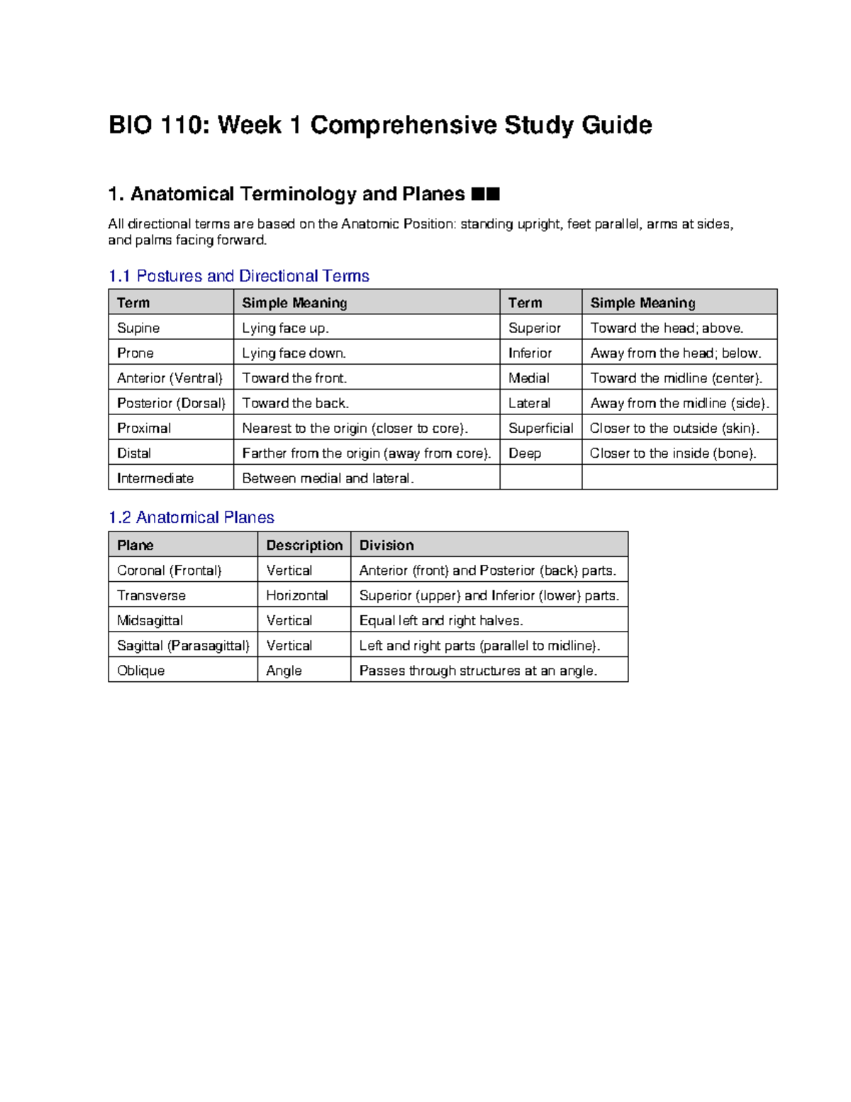 BIO 110: Week 1 Study Guide on Anatomical Terminology & Planes - Studocu